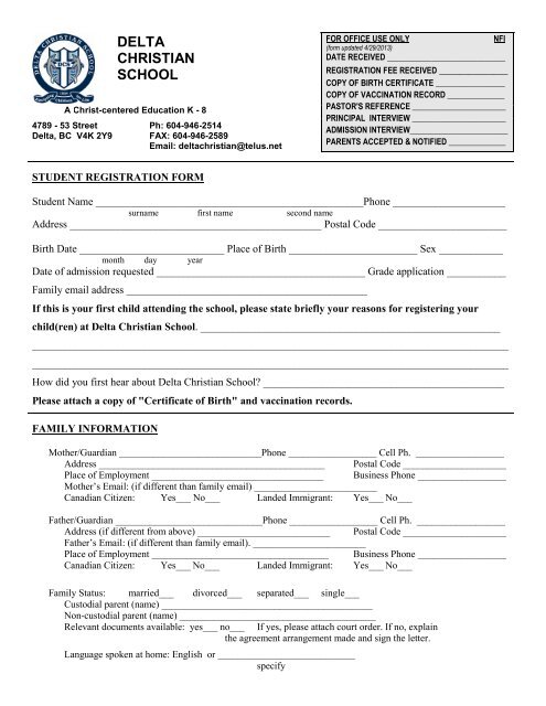 4.Student Registration Form - Delta Christian School