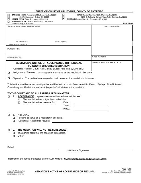 Mediator's Notice of Acceptance or Recusal - Superior Court ...