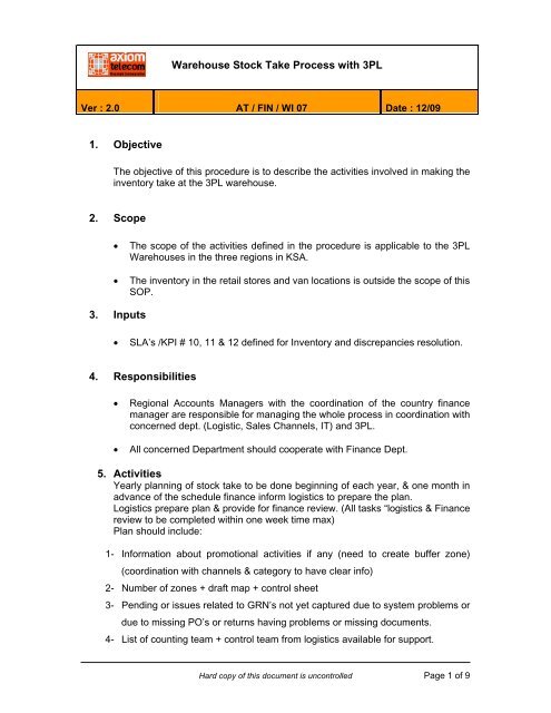 Warehouse Stock Take Process with 3PL 1. Objective 2. Scope 3 ...
