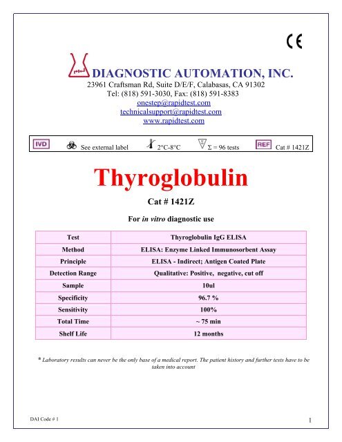 Thyroglobulin ELISA kit - Diagnostic Automation : Cortez Diagnostics