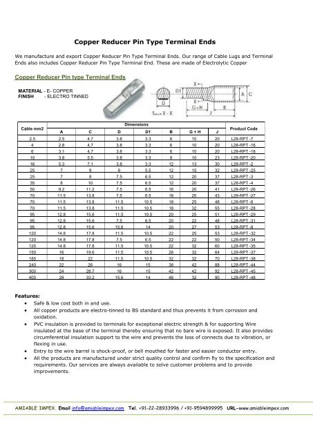 Copper Reducer Pin Type Terminal Ends - Amiable Impex