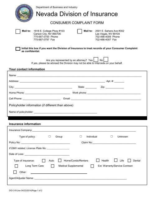 Complaint form - Nevada Division of Insurance - State of Nevada