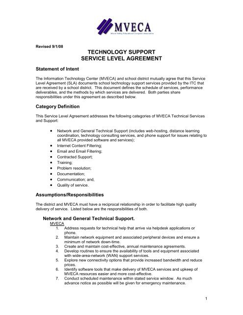 TECHNOLOGY SUPPORT SERVICE LEVEL AGREEMENT
