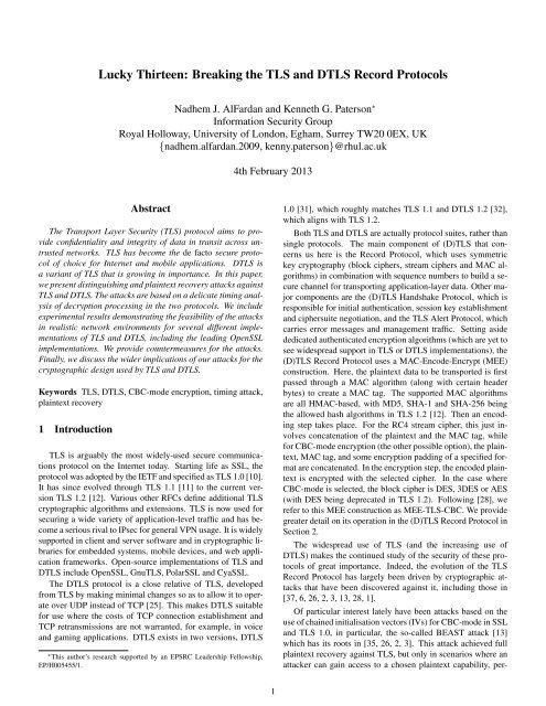 Lucky Thirteen: Breaking the TLS and DTLS Record ... - Packet Storm
