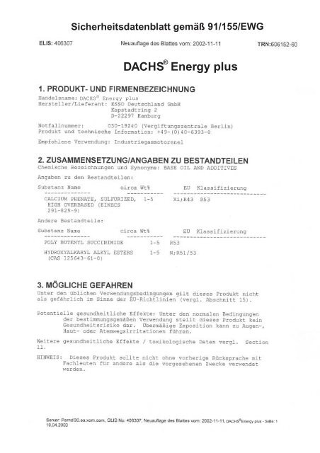 Sicherheitsdatenblatt gemäß 91/155/EWG DACHS Energy plus