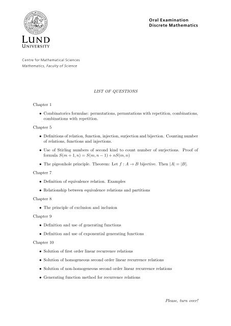 Oral Examination Discrete Mathematics LIST OF QUESTIONS ... Oral Examination Discrete Mathematics LIST OF QUESTIONS ...