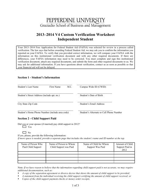 2013â 2014 V4 Custom Verification Worksheet Independent Student