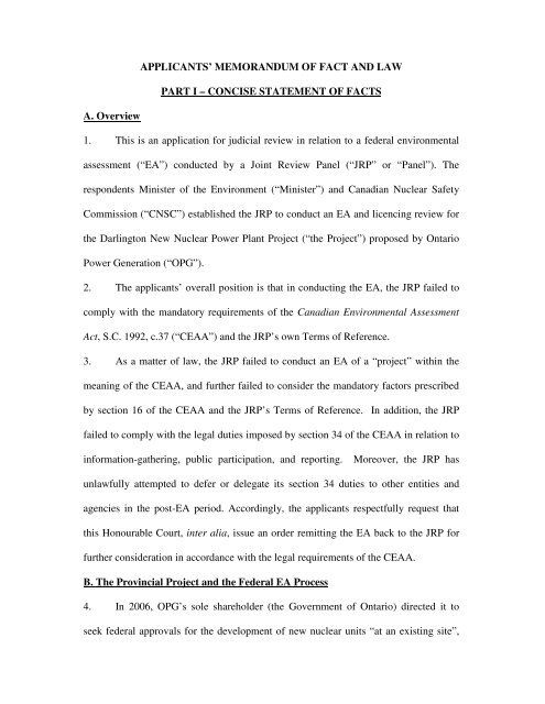 APPLICANTS' MEMORANDUM OF FACT AND LAW PART I ...
