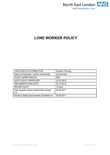LONE WORKER POLICY - North East London NHS Foundation Trust