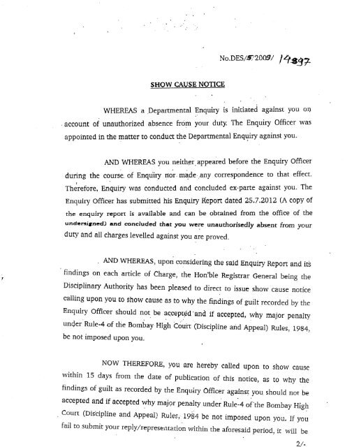 Show Cause Notice to Smt. Madhura M. Vanjare, Clerk, High Court ...