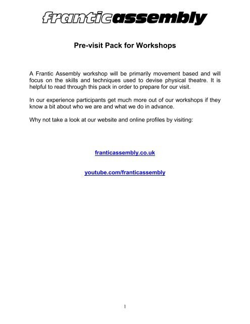 Pre-visit Pack for Workshops - Frantic Assembly
