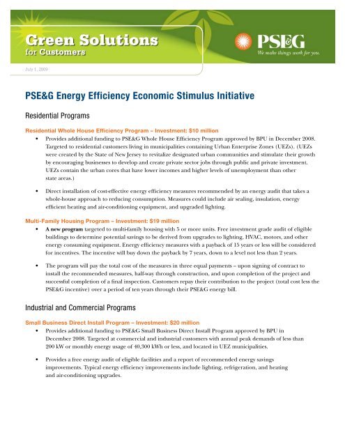 Green Solutions For â Customers PSE&G Energy Efficiency - PSEG