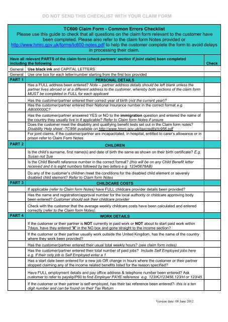 TC600 Claim Form - Common Errors Checklist - Revenue Benefits