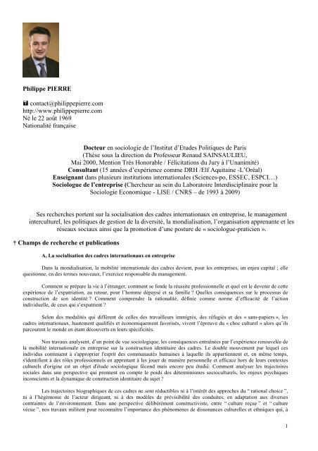 CV AcadÃ©mique Philippe PIERRE Version 1er octobre 2009