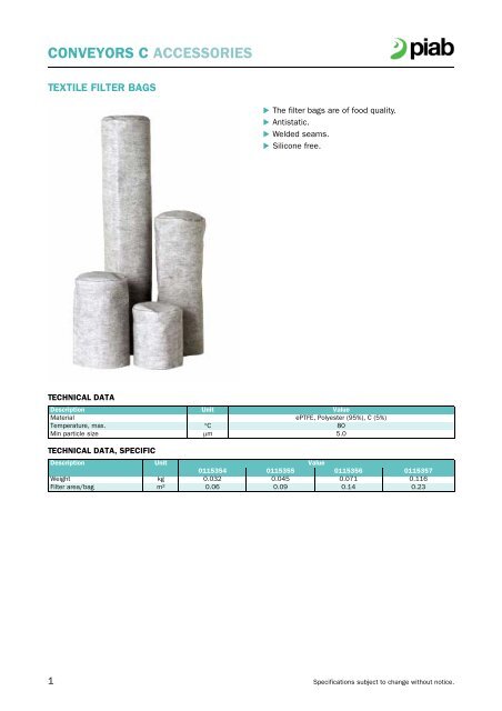 Piab textile filter bags data sheet - bibus