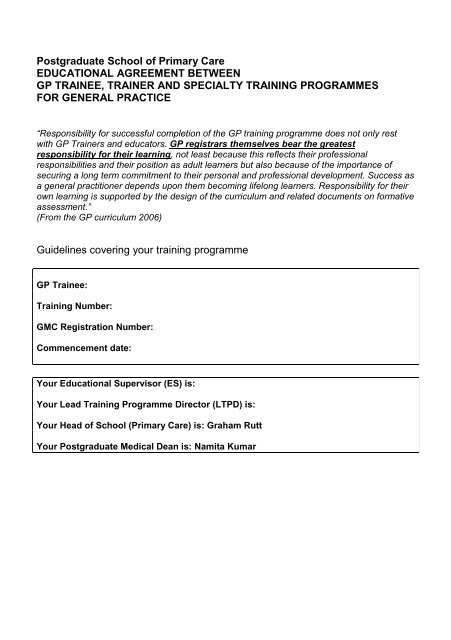 The GP Trainee Educational Contract - Northern Deanery