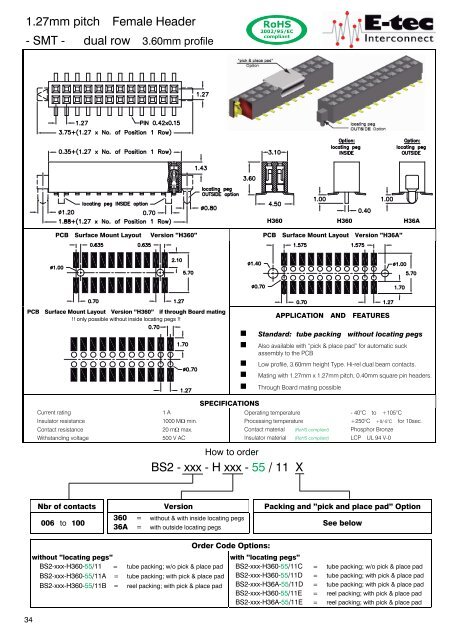 1.27mm pitch Female Header - SMT - dual row 3.60mm ... - EMC