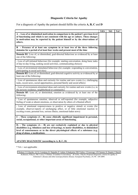 Diagnostic Criteria for Apathy For a diagnosis of Apathy the patient ...