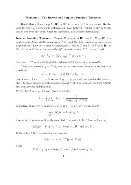 Handout 4 The Inverse And Implicit Function Theorems Recall That A