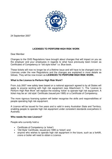 24 September 2007 LICENSES TO PERFORM HIGH RISK WORK ...