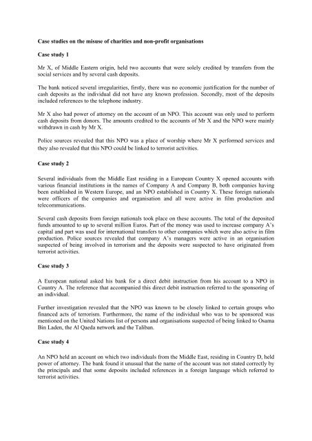 Case studies on the misuse of charities and non-profit organisations ...