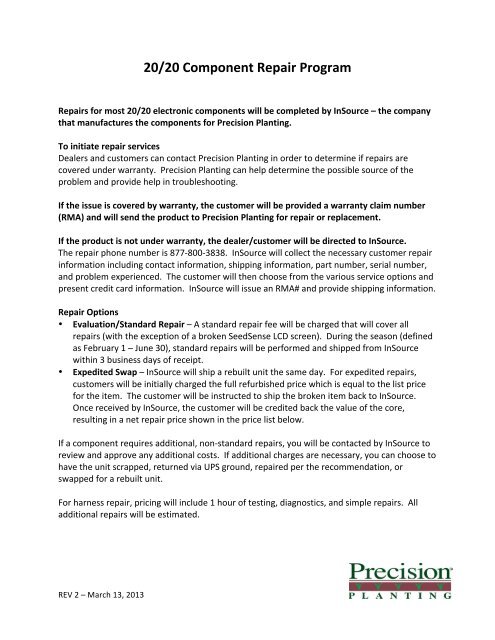 20/20 Component Repair Program - Precision Planting