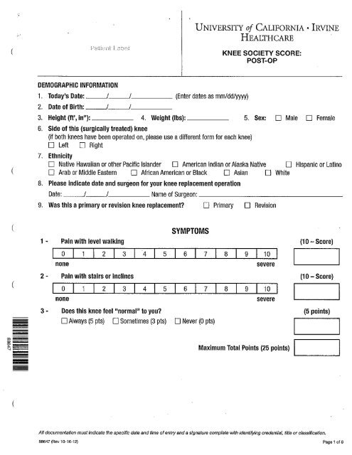 Knee Society Score: Post Op - Orthopaedic Surgery - University of ...