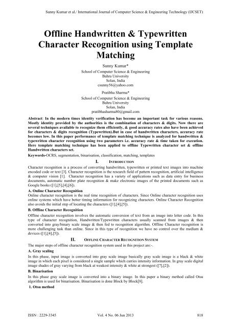 Offline Handwritten & Typewritten Character Recognition ... - IJCSET