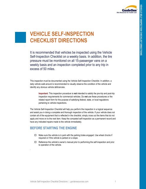 vehicle self-inspection checklist directions - GORiskResources.com