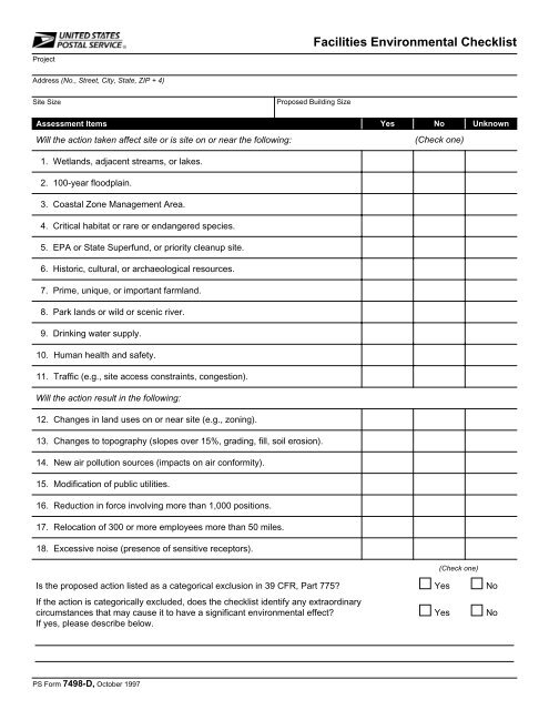 PS Form 7498-D, Facilities Environmental Checklist - APWU