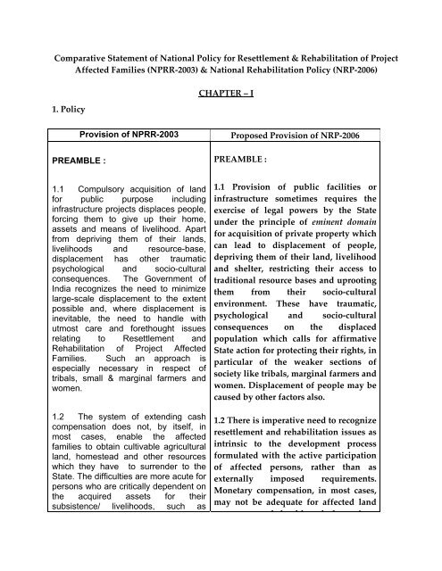 Comparative Statement of National Policy for Resettlement ...