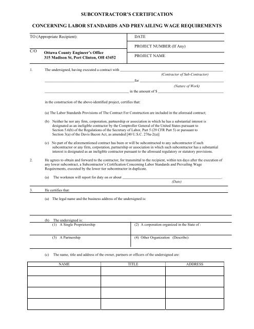 Contractor Subcontractor Certification Fillable Form - Printable Forms ...