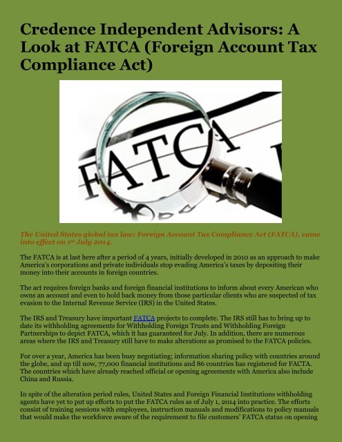 Credence Independent Advisors: A Look at FATCA (Foreign Account Tax ...