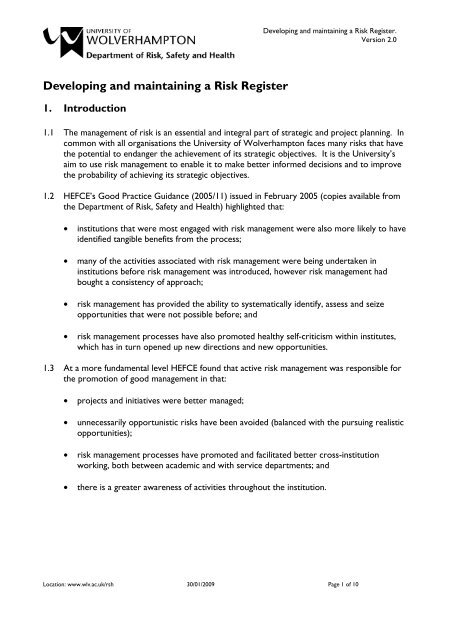 Developing and maintaining a risk register - University of ...