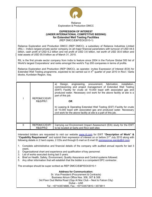 for Extended Well Testing Facilities - Reliance Industries Ltd