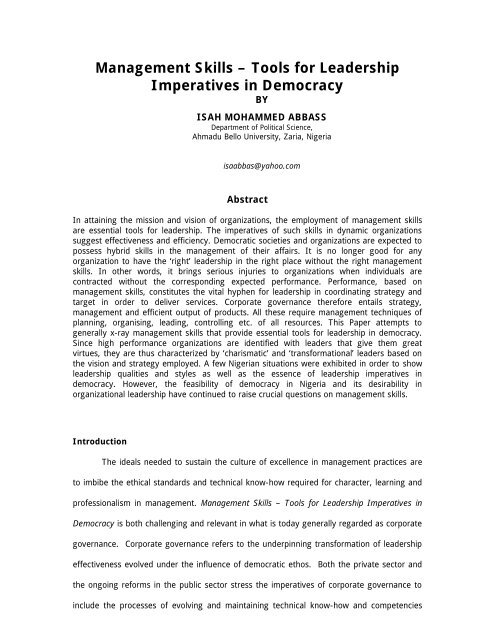 Management Skills â Tools for Leadership Imperatives in Democracy