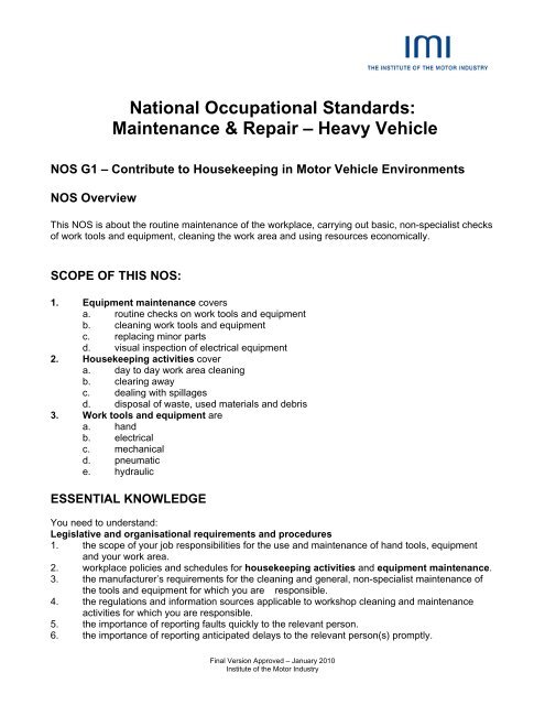 National Occupational Standards - The Institute of the Motor Industry
