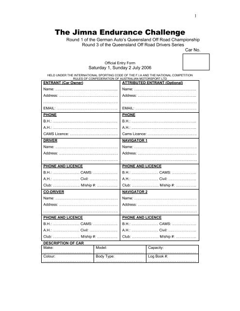 Entry Form - Off Road Racing - Australia