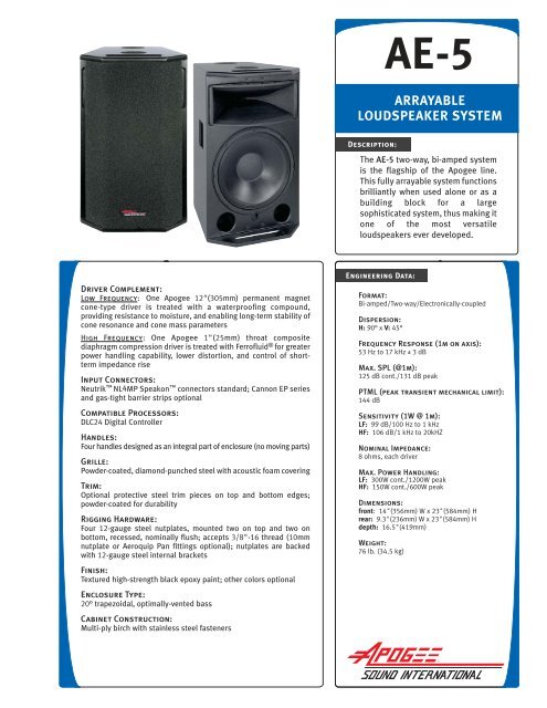 Apogee AE-5 Arrayable Loudspeaker System Spec ... - Apogee Sound