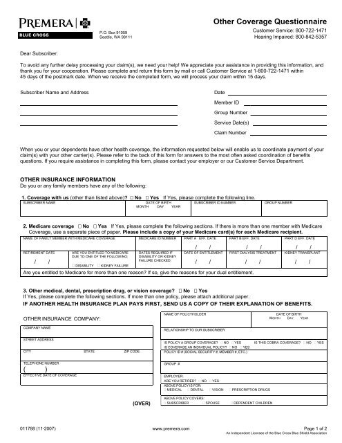 Other Coverage Questionnaire - Premera Blue Cross