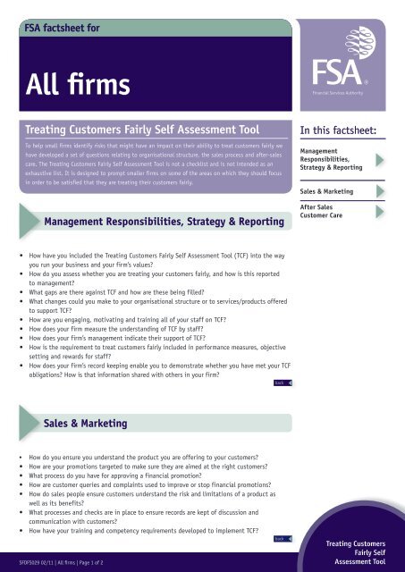 Treating Customers Fairly Self Assessment Tool - Financial Services ...