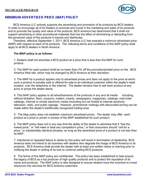 MINIMUM ADVERTISED PRICE (MAP) POLICY - BCS America