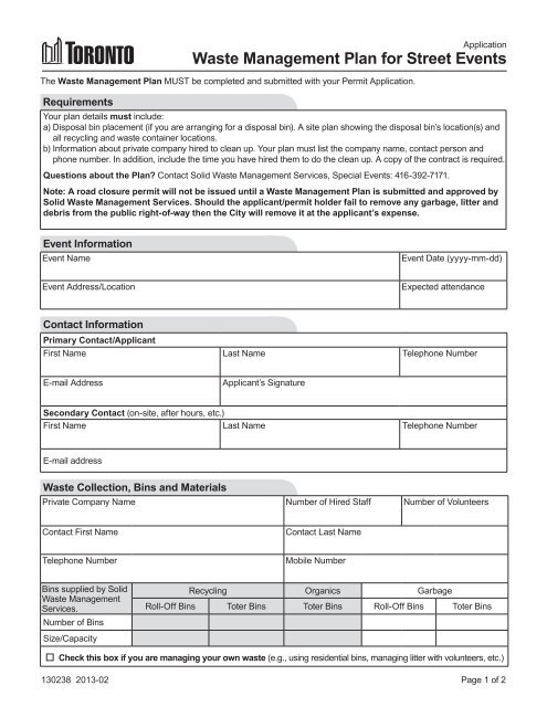 Waste Management Plan for Street Events - City of Toronto