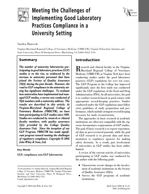 Meeting the challenges of implementing good laboratory practices ...