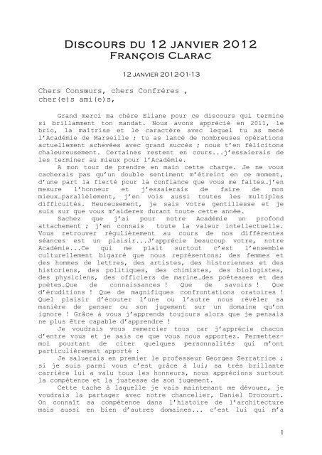 Discours du Professeur F. Clarac, nouveau Directeur de l'AcadÃ©mie