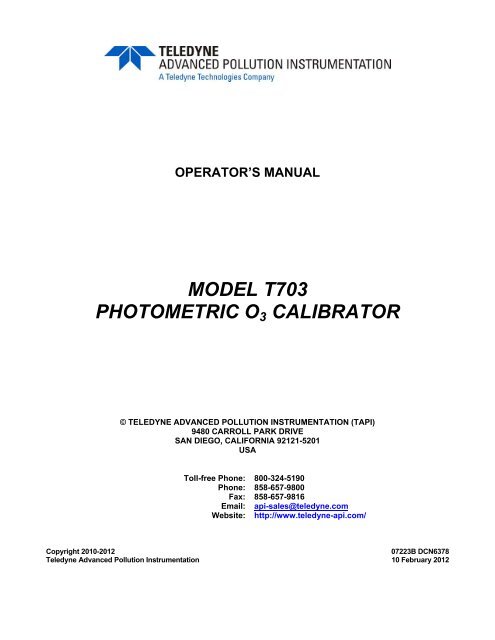operator's manual model t703 photometric o3 calibrator - Teledyne API