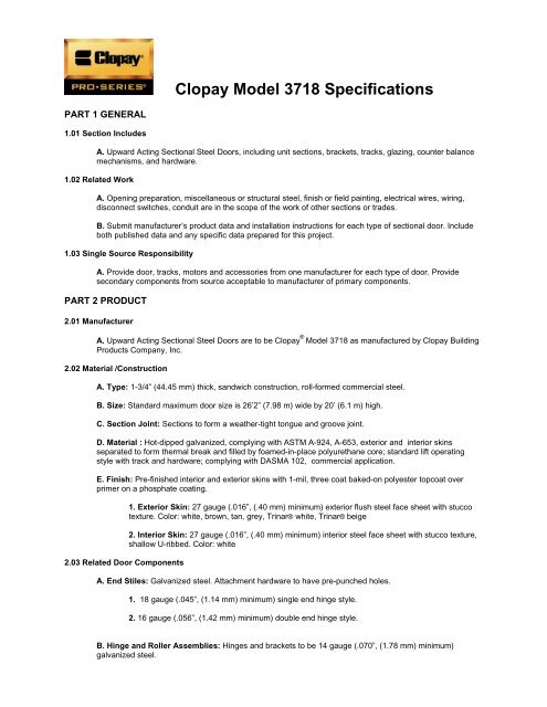 Clopay Model 3718 Specifications