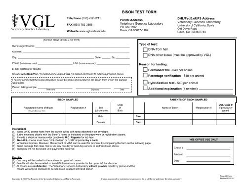 BISON TEST FORM - UC Davis Veterinary Genetics Laboratory