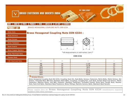 Brass Hexagonal Coupling Nuts DIN 6334 : - brass fasteners and ...