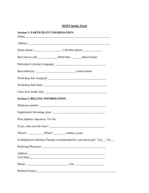DSMT Intake Form Section 1: PARTICIPANT INFORMATION ...